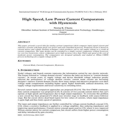 High Speed Low Power Current Comparators With Hysteresis Pdf