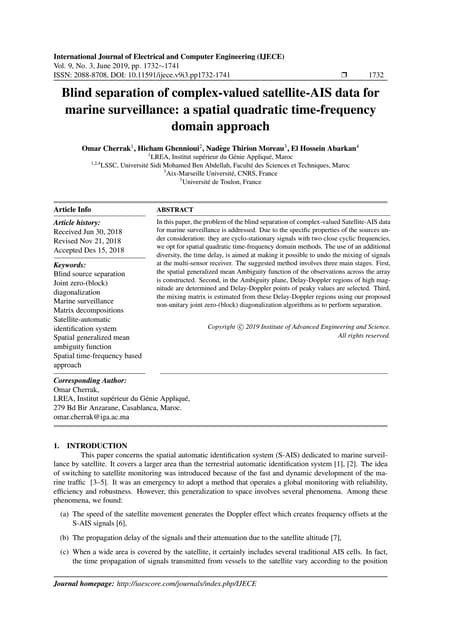 Blind Separation Of Complex Valued Satellite Ais Data For Marine Surveillance A Spatial