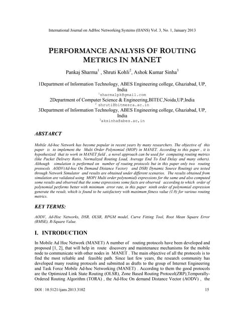 Performance Analysis Of Routing Metrics In Manet Pdf