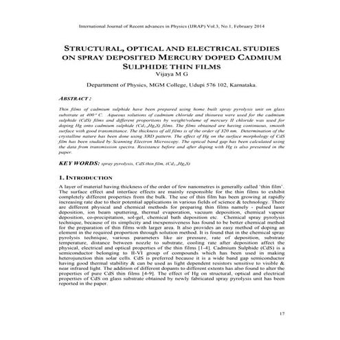Structural, Optical and Electrical Studies on Spray Deposited Mercury Doped Cadmium Sulphide ...