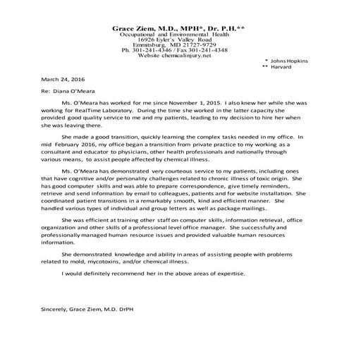 Diana O'Meara letr rec from Dr. Grace Ziem, MD | DOCX