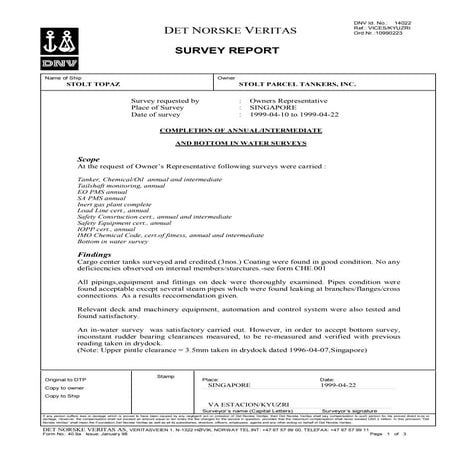DNV Survey Report_STOLT TOPAZ_Annual&Intermediate Survey | PDF