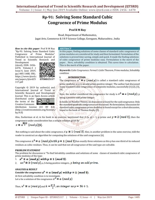 RP 105 Formulation of Standard Quadratic Congruence of Composite ...