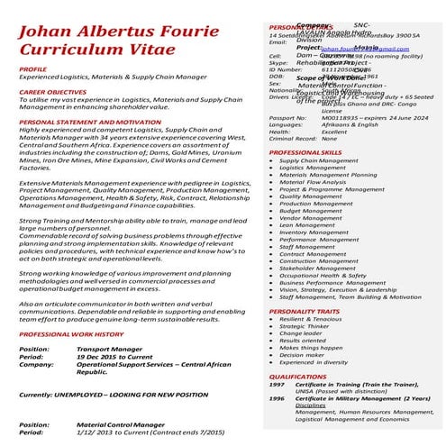 CV Johan Fourie - 01 June 2016 | DOCX