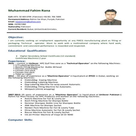 Muhammad Fahim Rana Resume for Machine Operator (3) | DOCX