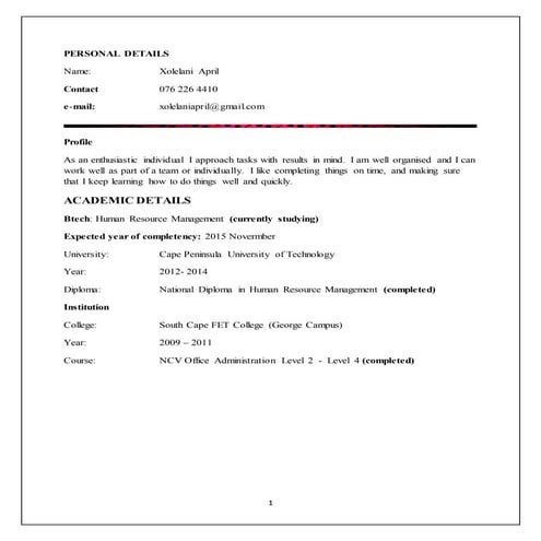 Resume of Thandeka Tshepiso Kgiba | DOCX