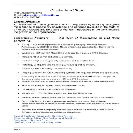 Deepak_CV | DOC | Operating Systems | Computer Software and Applications