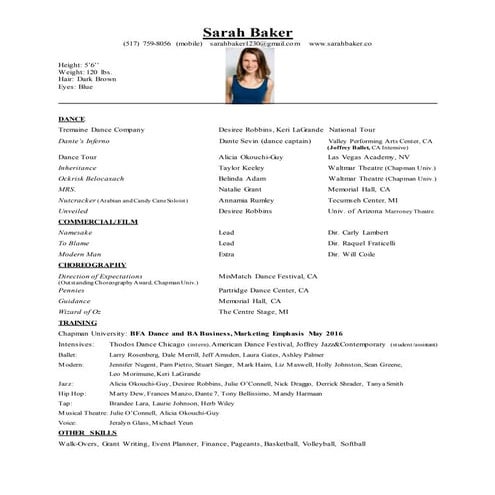 Sarah Baker Commercial Dance Resume | DOCX