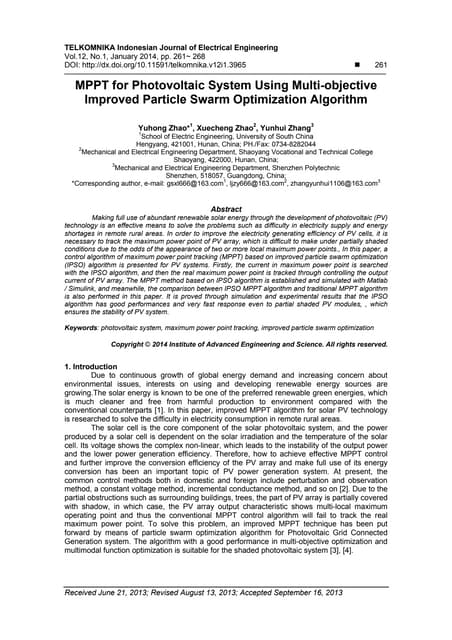 Mppt For Photovoltaic System Using Multi Objective Improved Particle Swarm Optimization 0287