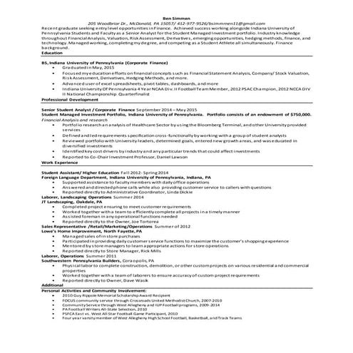 Ben Simmen Resume | DOCX | Stocks and Bonds | Personal Investing