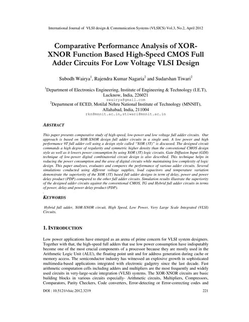 Comparative Performance Analysis Of Xorxnor Function Based High Speed