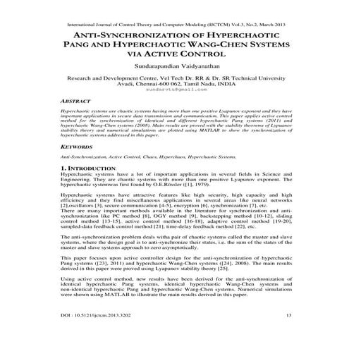 ANTI-SYNCHRONIZATION OF HYPERCHAOTIC PANG AND HYPERCHAOTIC WANG-CHEN SYSTEMS VIA ACTIVE CONTROL ...