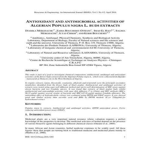 ANTIOXIDANT AND ANTIMICROBIAL ACTIVITIES OF ALGERIAN POPULUS NIGRA L. BUDS EXTRACTS | PDF