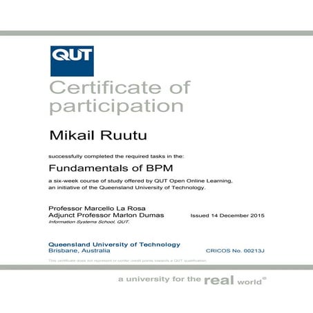 QUT Fundamentals of BPM Course Certificate 2015 | PDF