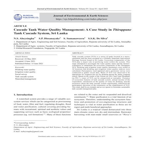 Cascade Tank Water Quality Management: A Case Study in Thirappane Tank ...