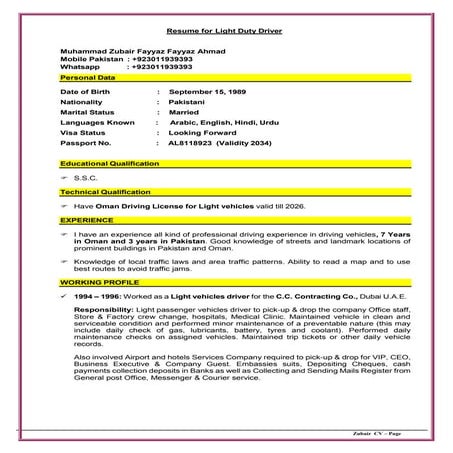 resume of LTV driver who is seeking a job | DOCX