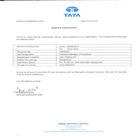 TATA service certificate | PDF