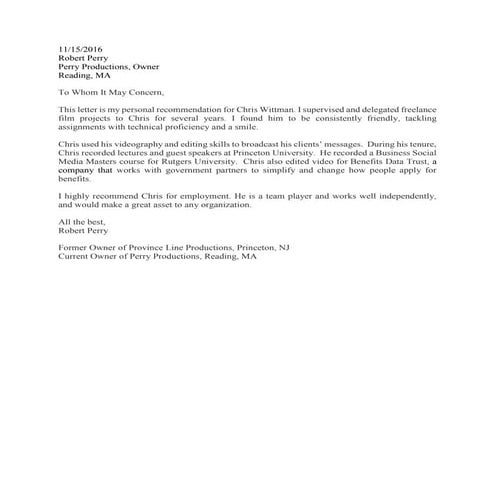 Chris Wittman Recommendation Letter 1 | PDF | Video Production | Content Production