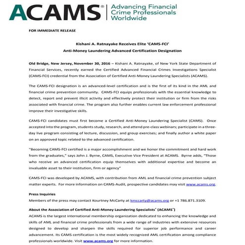 CAMS-FCI Certification Press Release | PDF