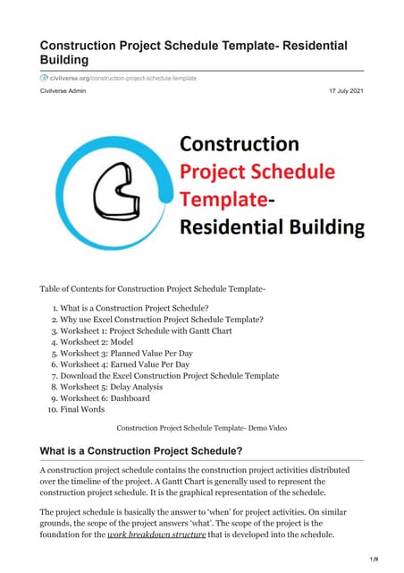 Construction Project Schedule Example- Residential Building | PDF