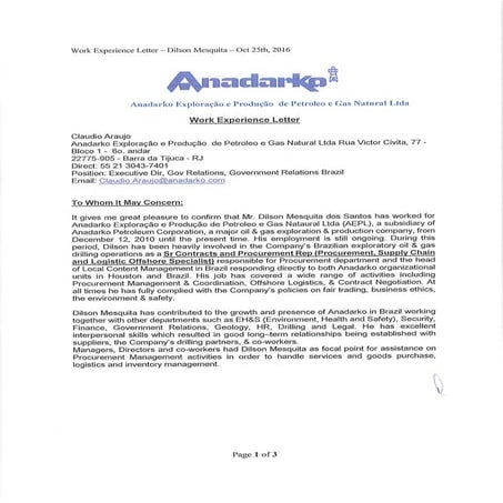 Work Experience Letter Anadarko - Claudio Araujo | PDF