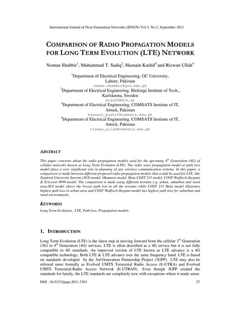 Comparison Of Radio Propagation Models For Long Term Evolution Lte Network Pdf