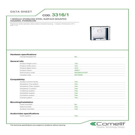 Comelit 3316/1 Data Sheet | PDF | Computing | Technology & Computing