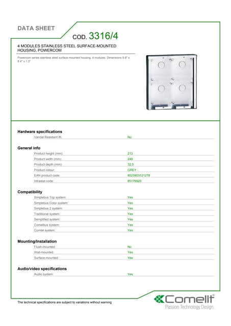 Comelit 3316/2 Data Sheet | PDF