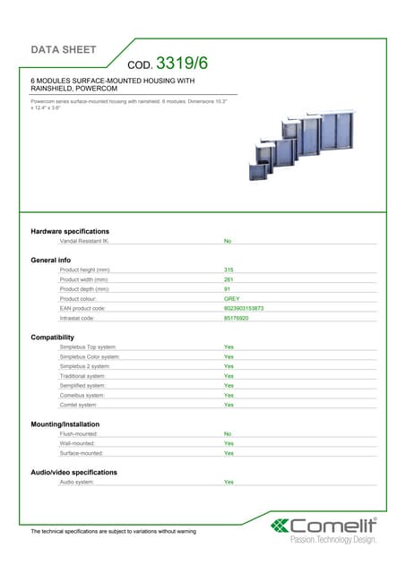 Comelit 33410W Data Sheet | PDF