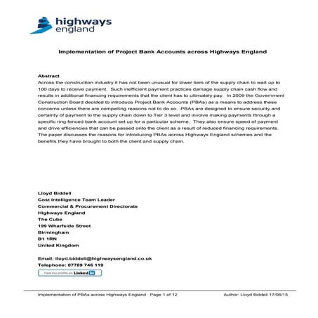 Implementation of Project Bank Accounts across Highways England | PDF