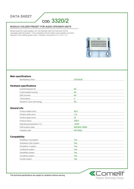 Comelit 33412 Data Sheet | PDF