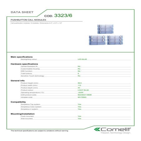 Comelit 3323/6 Data Sheet | PDF