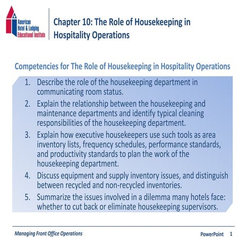 Chapter 10: The Role of Housekeeping in Hospitality Operations | PPTX