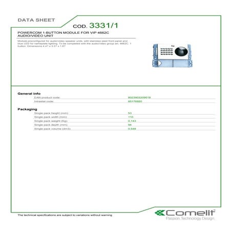 Comelit 33401M Data Sheet | PDF