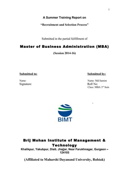 Final Project Synopsis MBA | DOC | Resume Writing and Advice | Job Search