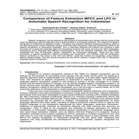 Comparison Of Feature Extraction Mfcc And Lpc In Automatic Speech Recognition For Indonesian Pdf