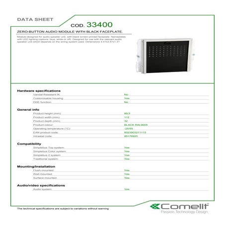 Comelit 33400 Data Sheet | PDF