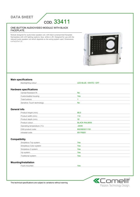 Comelit 6202WBM Data Sheet | PDF