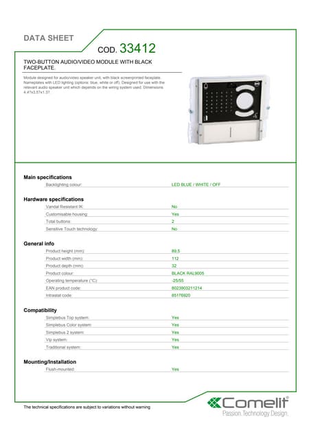 Comelit 6202WBM Data Sheet | PDF