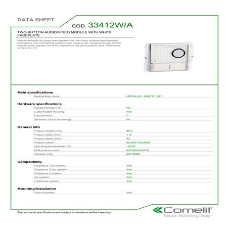 Comelit 6228W Data Sheet | PDF