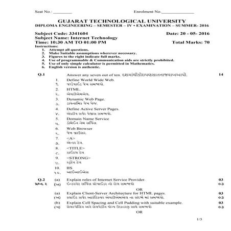 3341604 summer 2016 Exam IT Sem 4 | PDF