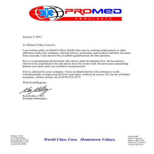 Promed Ambulance Recommendation Letter (Ken Kelley) | PDF