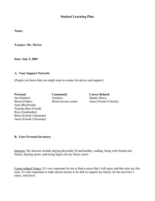 Student Learning Plan Chart | DOC | College Planning | College Education