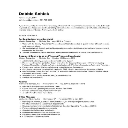 Debbie Schick Resume | DOCX | Business | Business and Finance