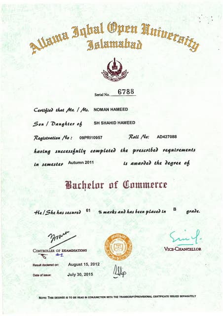 Bcom Degree- Front Side | PDF