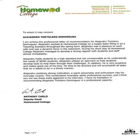 REFERENCE LETTER MR. ANTHONY CARLO, HOMEWOOD COLLEGE | PDF