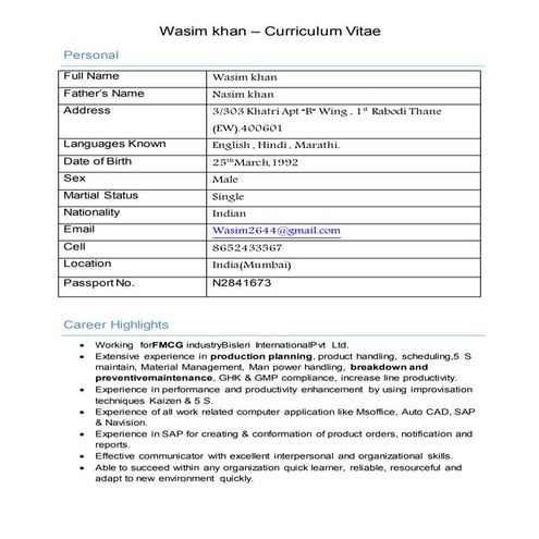 wasim resume | DOCX | Mechanical and Industrial Engineering Industry ...