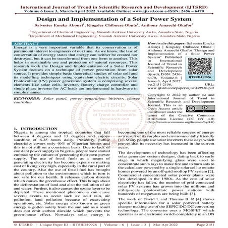 Design and Implementation of a Solar Power System | PDF