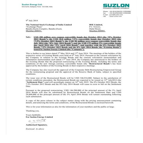 Full Press Release - Suzlon Bondholders Approve Restructuring | PDF