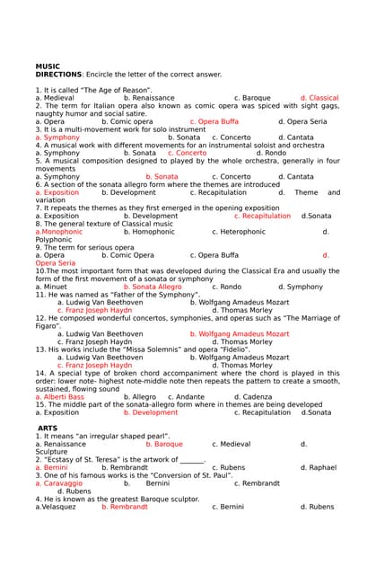 Philippine MAPEH 09 Third Quarter Reviewer Test | PDF